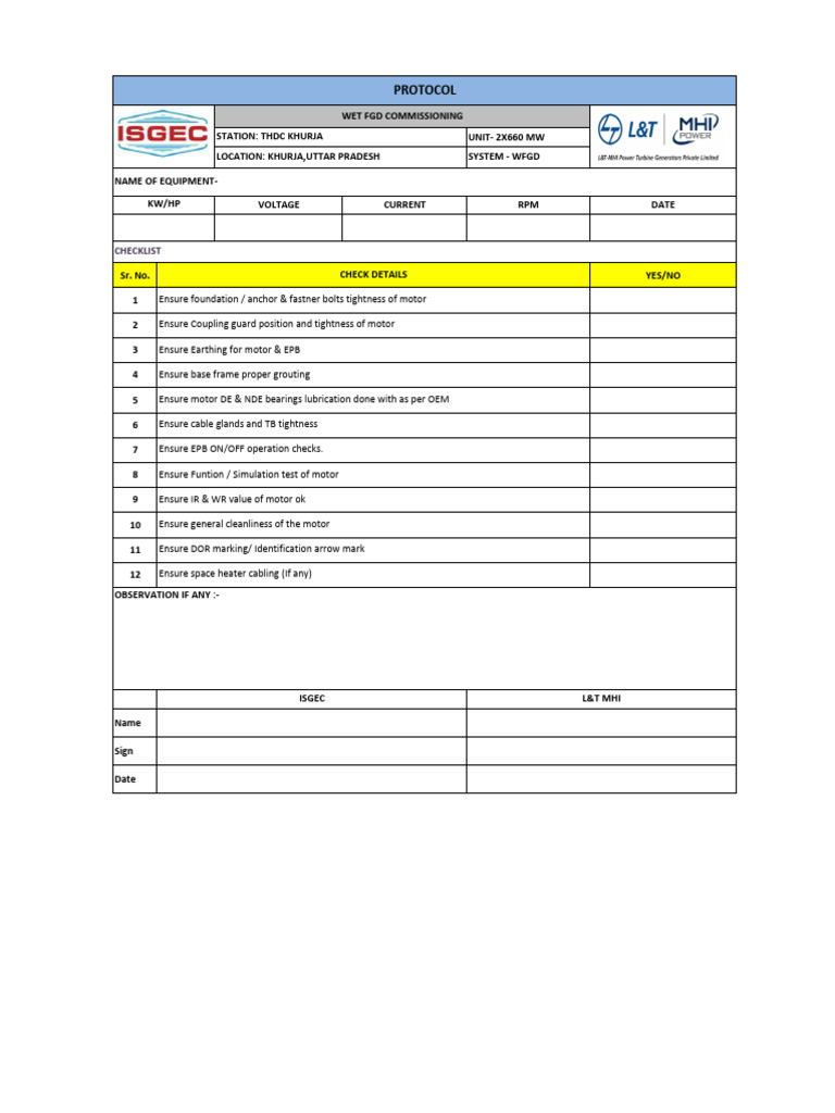 Wet FGD Motor Commissioning Checklist | PDF