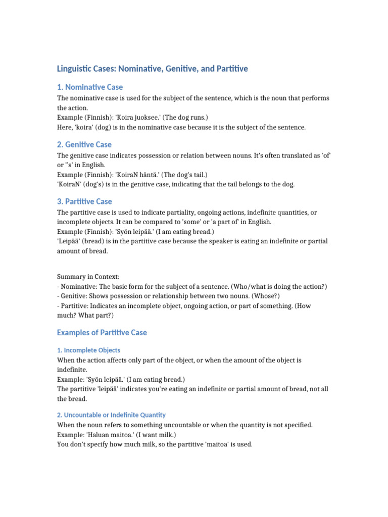 Understanding Finnish Cases: Nominative, Genitive, Partitive | PDF ...