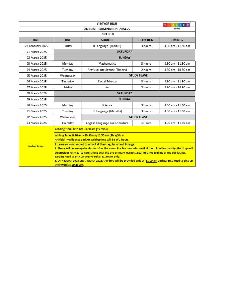 Class 8 Exam Timetable 2024-25 | PDF