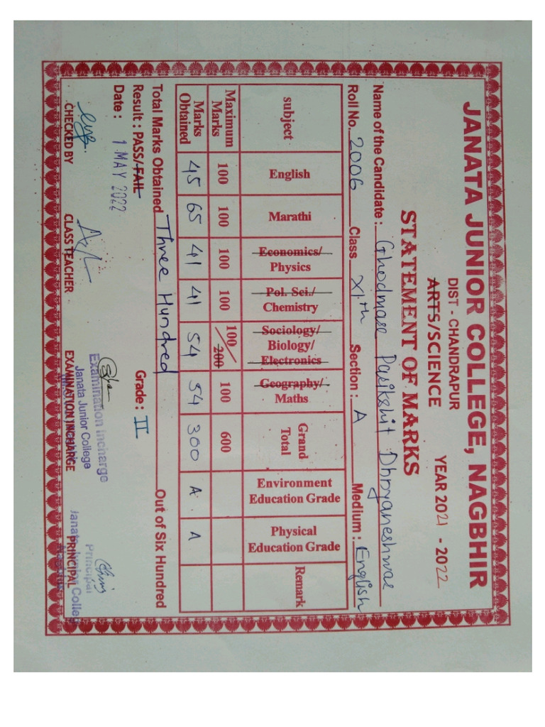 Marksheet Class 11th | PDF