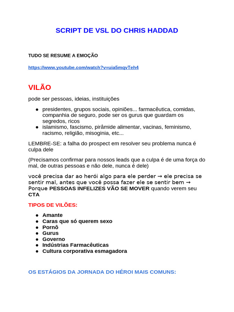 Script de VSL Do Chris Haddad | PDF | Amor | Herói