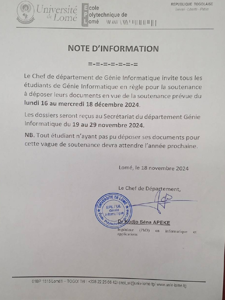 Avis de Soutenance Licence Génie Informatique Epl Décembre 2024 | PDF