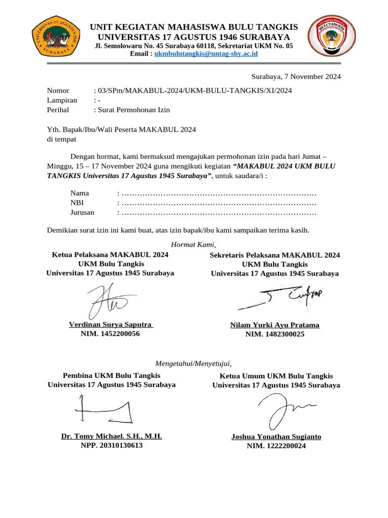 Izin MAKABUL 2024 UKM Bulu Tangkis | PDF