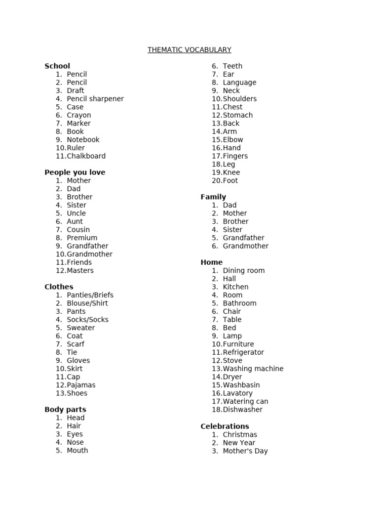 Thematic Vocabulary | PDF