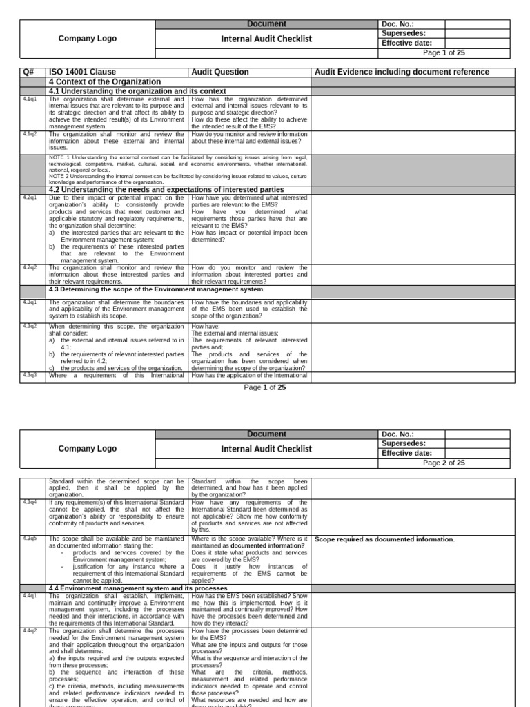 ISO 14001 Internal Audit Checklist | PDF | Risk | Calibration