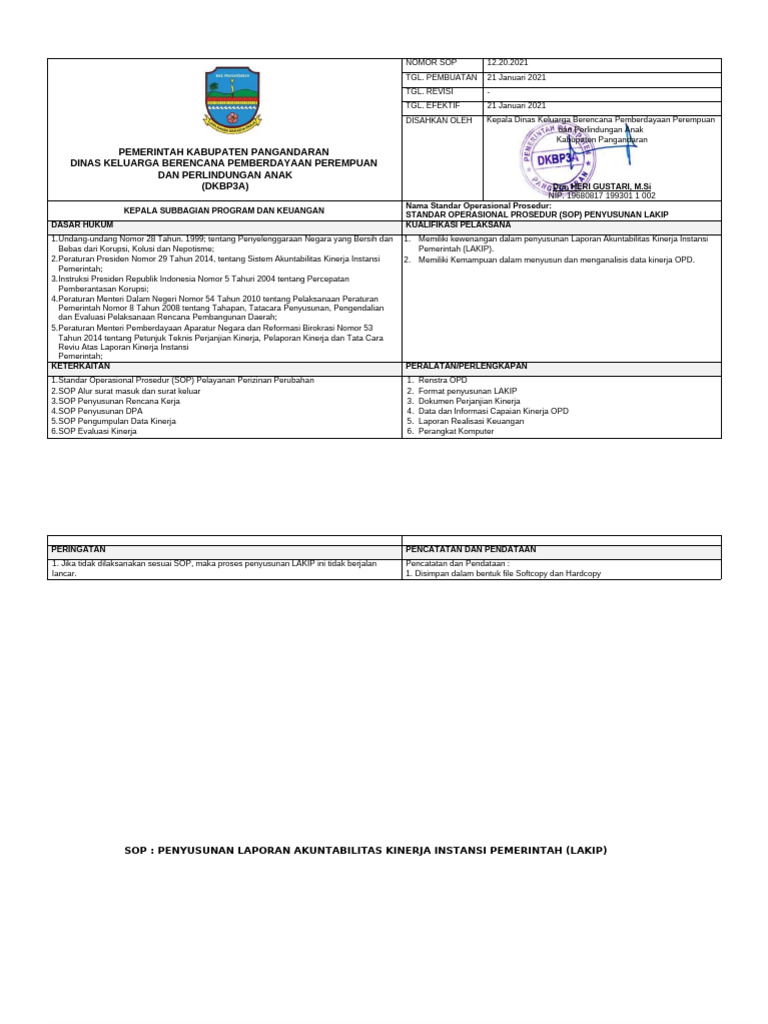 Standar Operasional Prosedur (SOP) LAKIP DKBP3A | PDF