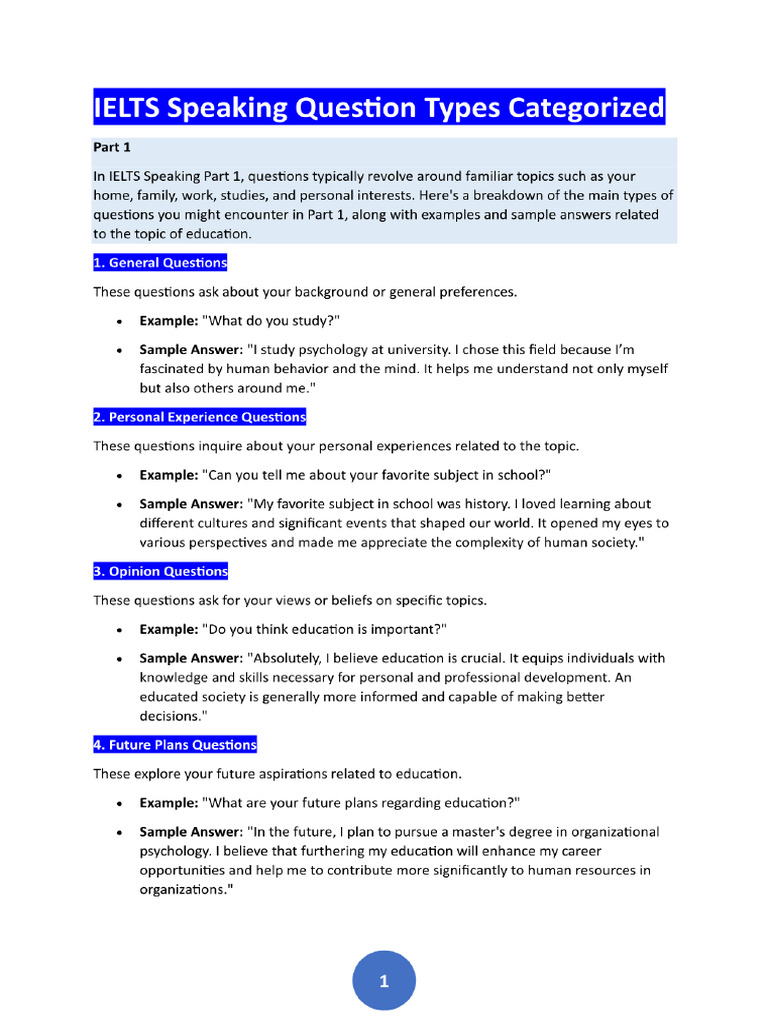 IELTS Speaking Question Types Categorized | PDF