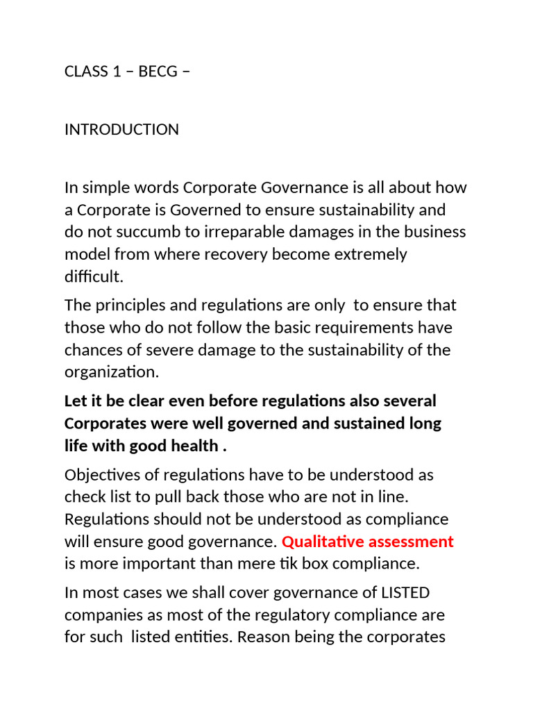 Class 1 - Becg Introduction | PDF | Corporate Governance | Governance