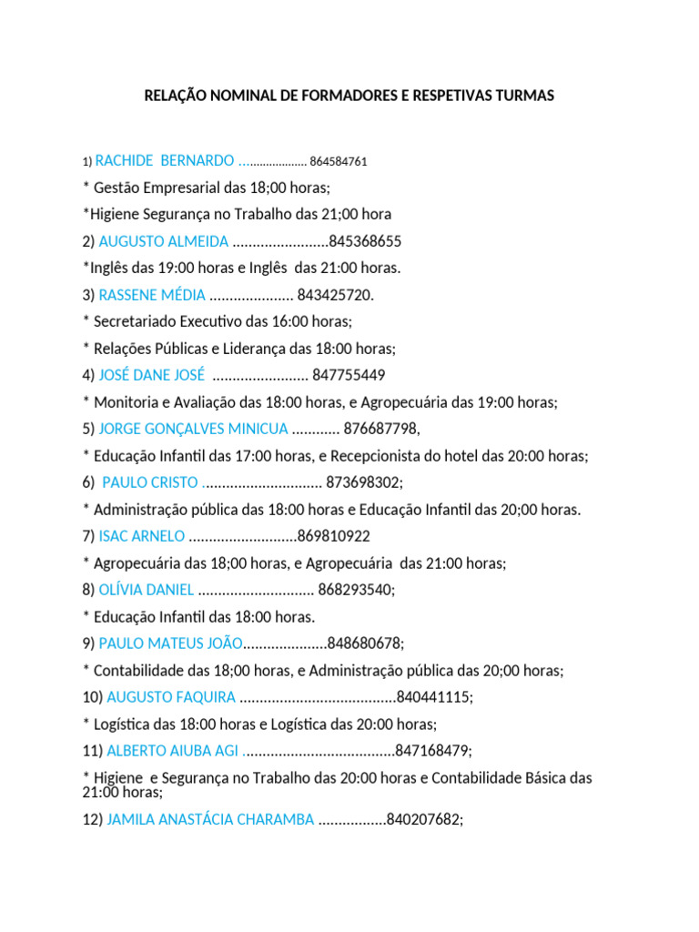 Formadores e Turmas: Lista Completa | PDF | Business