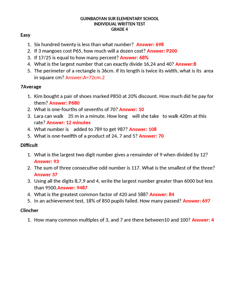 Math Quiz - Grade 4 - Questions | PDF | Number Theory | Elementary ...