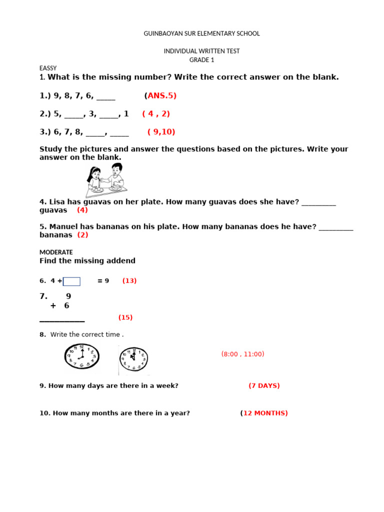 Individual Written Test in Math Grade 1 | PDF