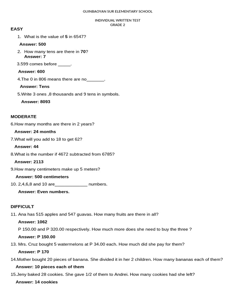 Grade 2 Math Test Questions and Answers | PDF