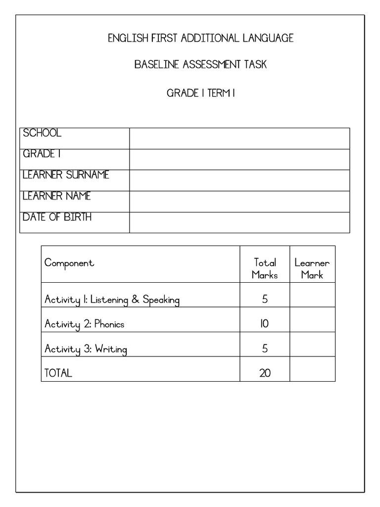 Baseline Assessment EFAL Grade 1 Term 1 | PDF