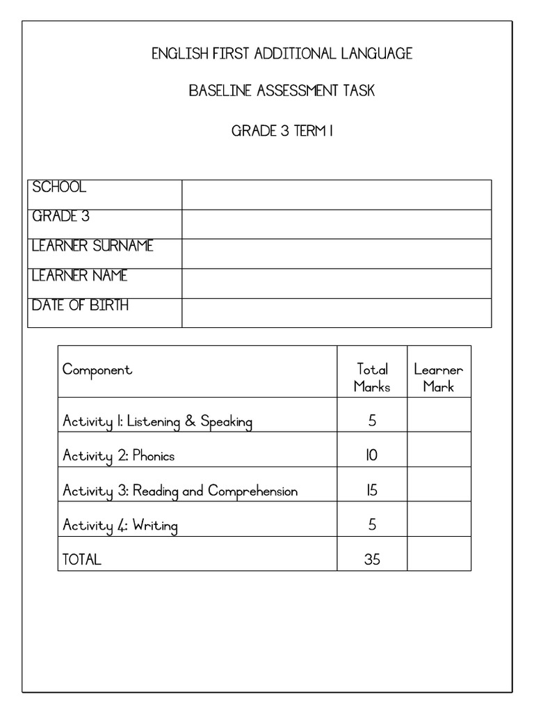 Baseline Assessment EFAL Grade 3 Term 1 | PDF