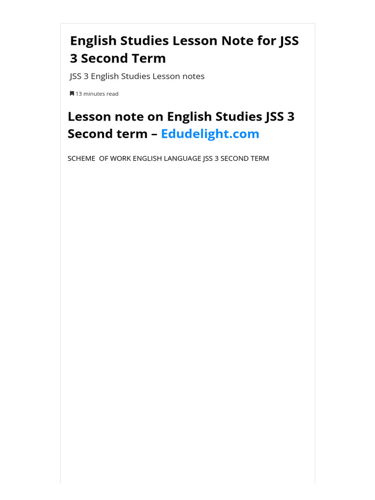 English Studies Lesson Note For JSS 3 Second Term | PDF | Pronoun | Noun