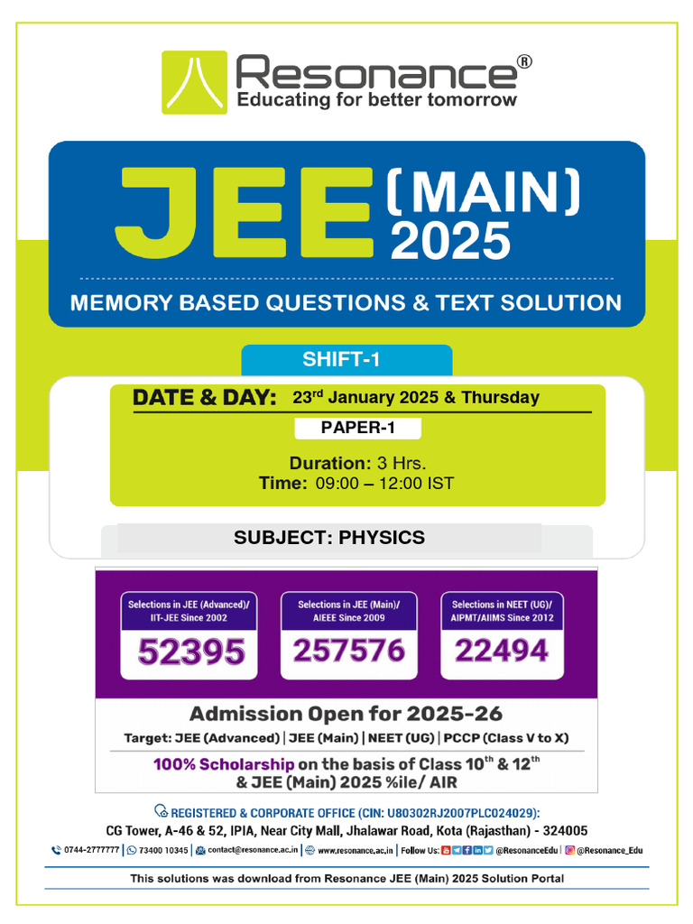 Physics Memory Based Paper - 23!01!2025 (Shift-1) | PDF | Physical ...
