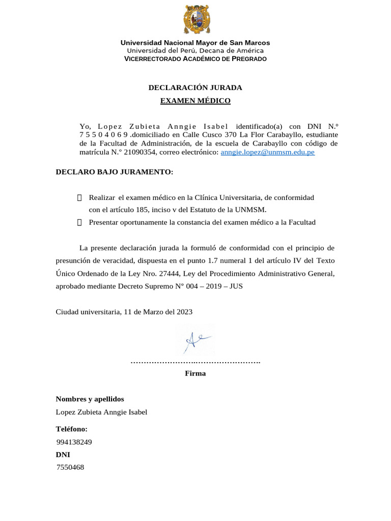 ANEXO 01-Declaración Jurada Examen Médico | PDF