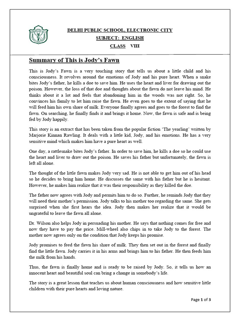 Summary of This Is Jody's Fawn: Delhi Public School, Electronic City Subject: English Class Viii ...