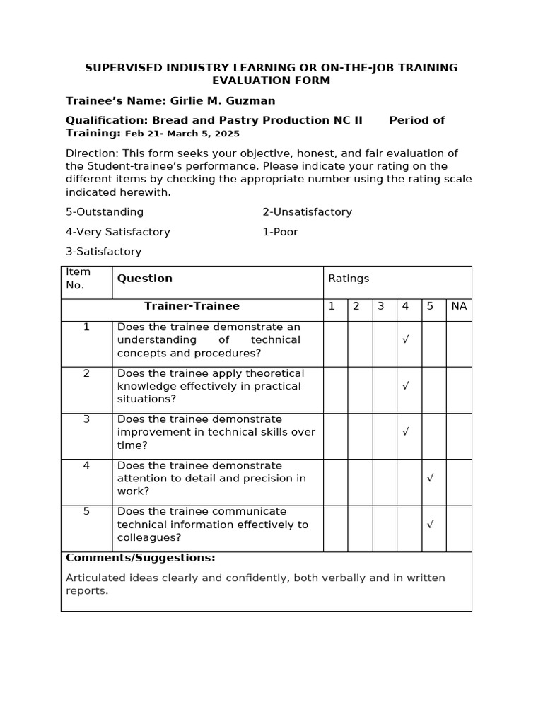 Trainee Evaluation for Pastry Production | PDF | Learning | Cognitive ...
