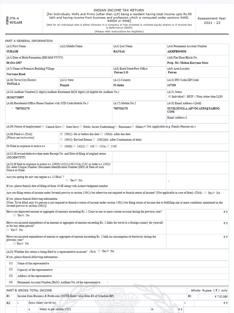 Subash Bansal 2021-2022 ITR | PDF | Tax Deduction | Government Finances