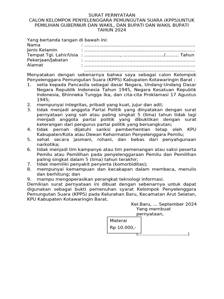 Surat Pernyataan KPPS | PDF
