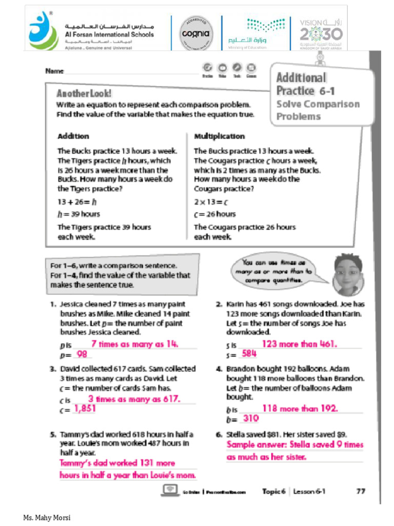 Work-Sheet Lesson 6-1 Answer Key | PDF