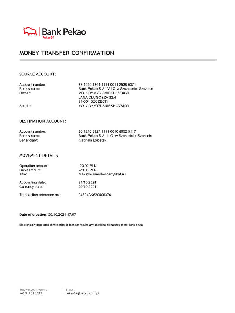 Money Transfer Confirmation Document | PDF