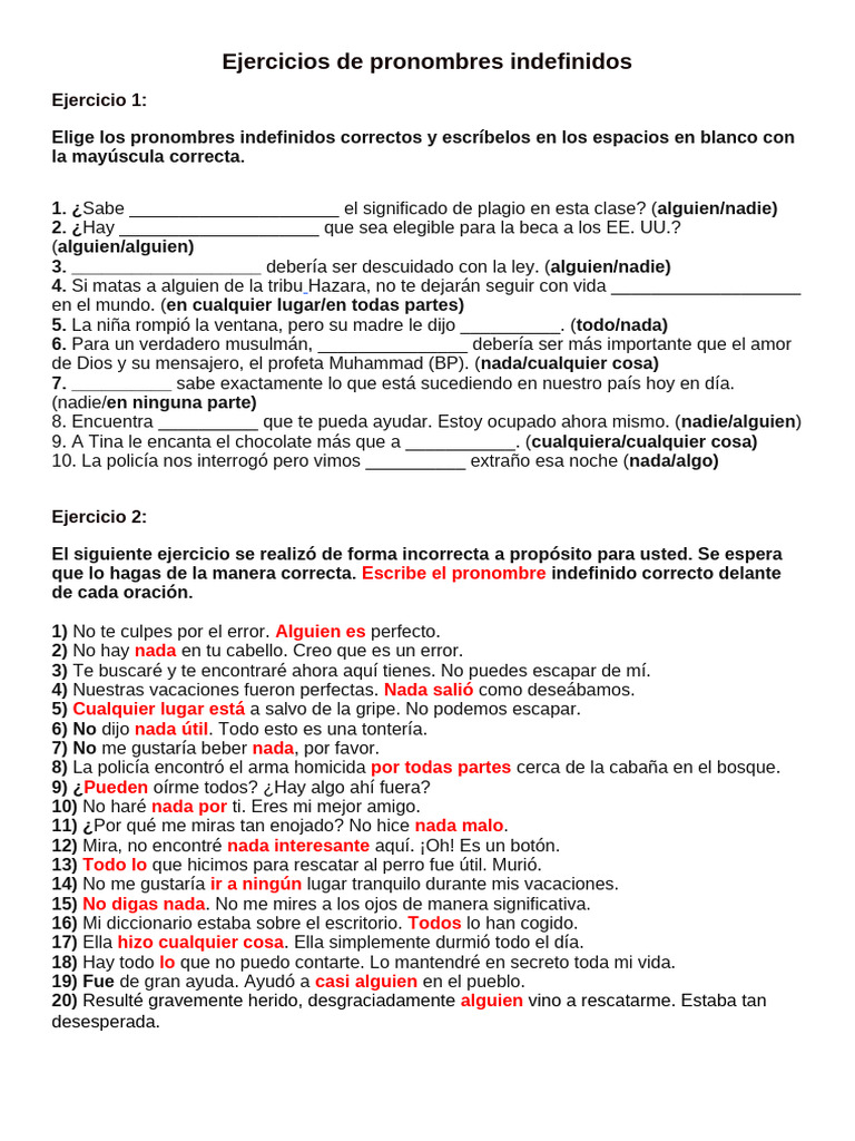 Ejercicios de pronombres indefinidos | PDF