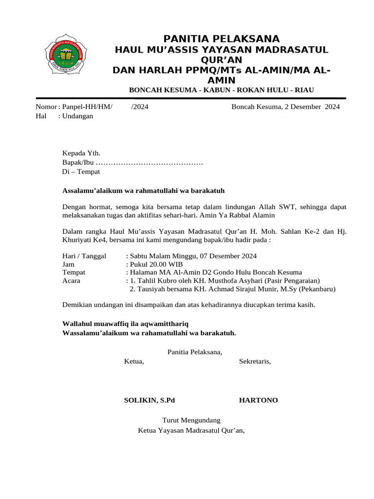 Surat Undangan Haul Dan Harlah Panitia | PDF
