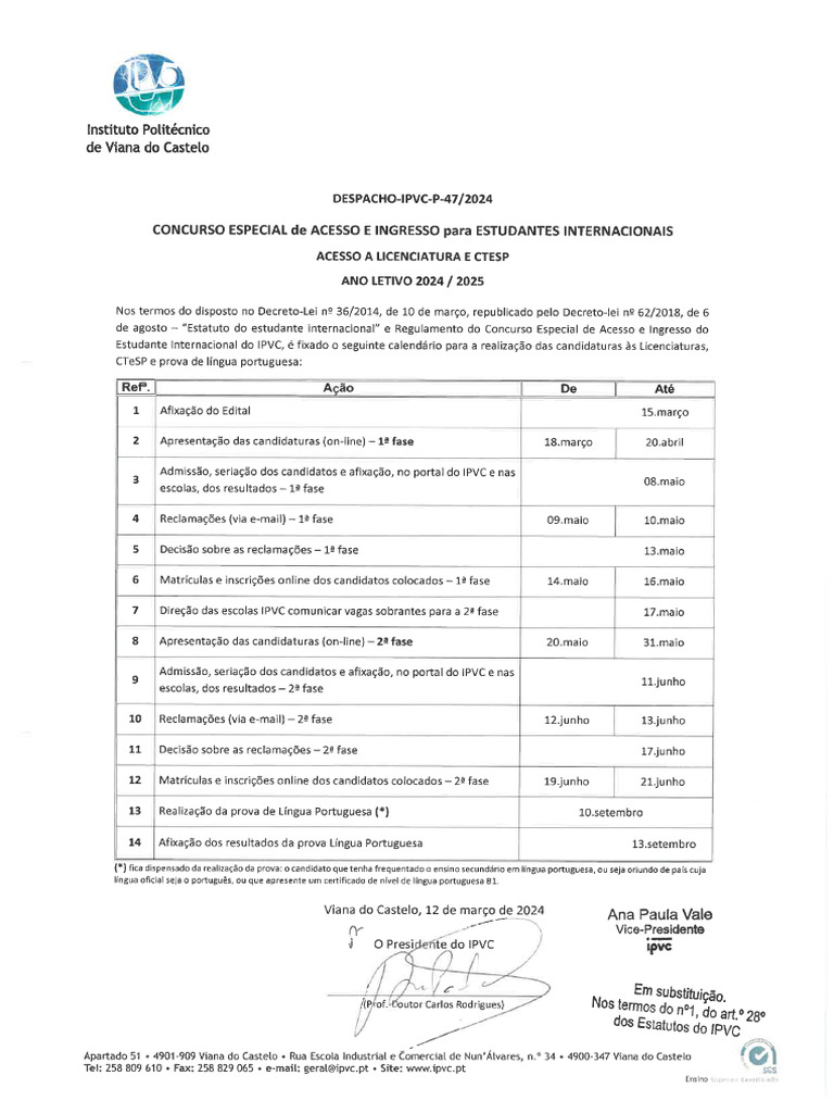 Despacho 47 2024 Calendario Cand Est Intern 2024 25 | PDF