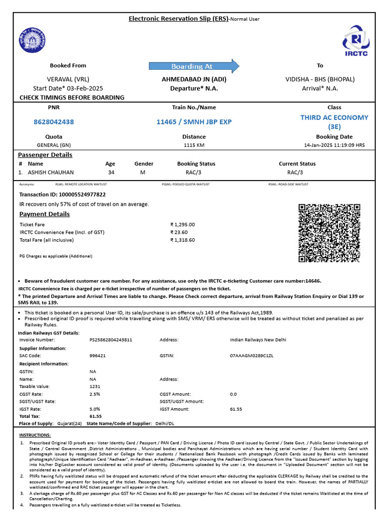 Deprt-Ticket - Ashish Chauhan - Adi To BPL - 03feb 2025 | PDF | Identity Document