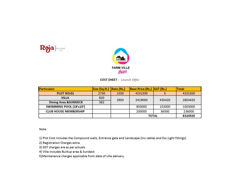 Villa Cost Sheet and Launch Offer | PDF