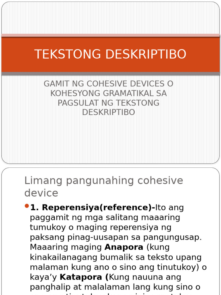 Tekstong Deskriptibo Kohesyong Gramayikal | PDF