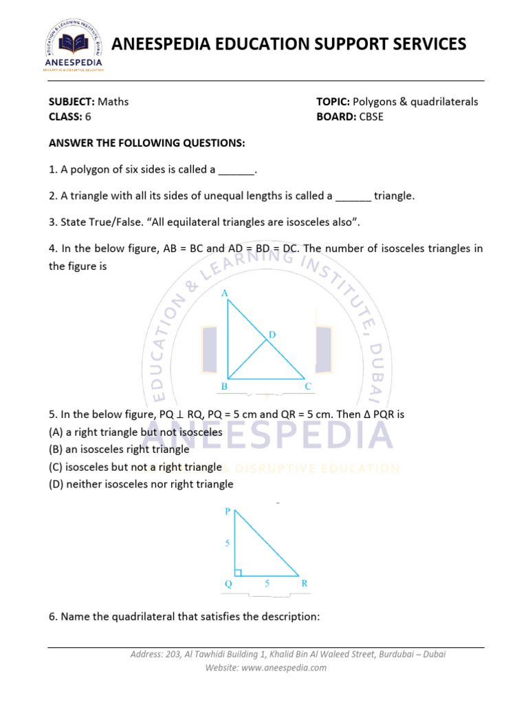 Class 6 Polygons & Quadrilaterals Worksheet | PDF