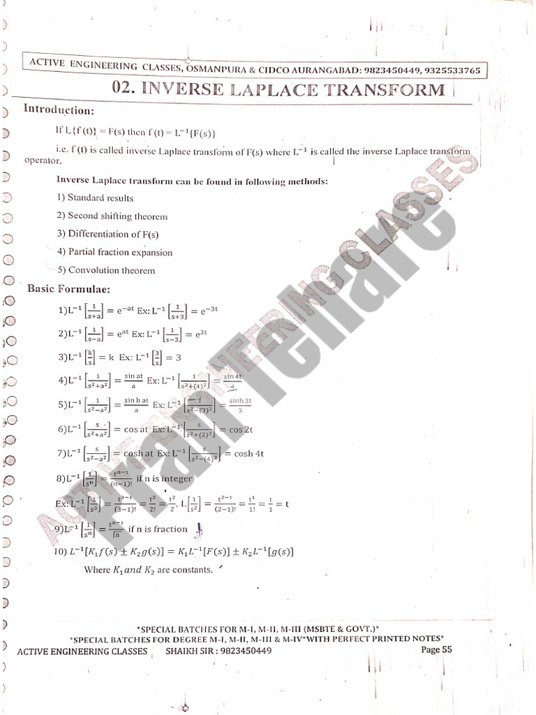 Inverse Laplace Transform UNIT 2 {Pran Tehare} Tution Notes | PDF