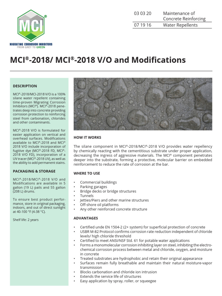 Mci-2018 - Mci-2018vo Silane Sealer | PDF | Corrosion | Concrete