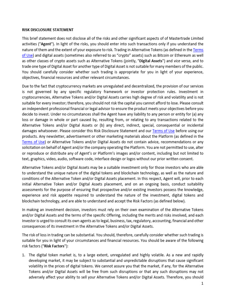 Cryptocurrency Investment Risk Disclosure | PDF | Cryptocurrency ...