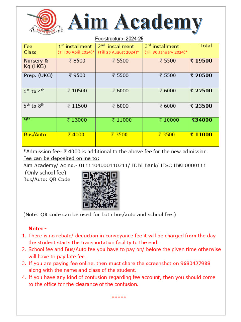Aim Academy Fee Chart 2024-25-1 | PDF