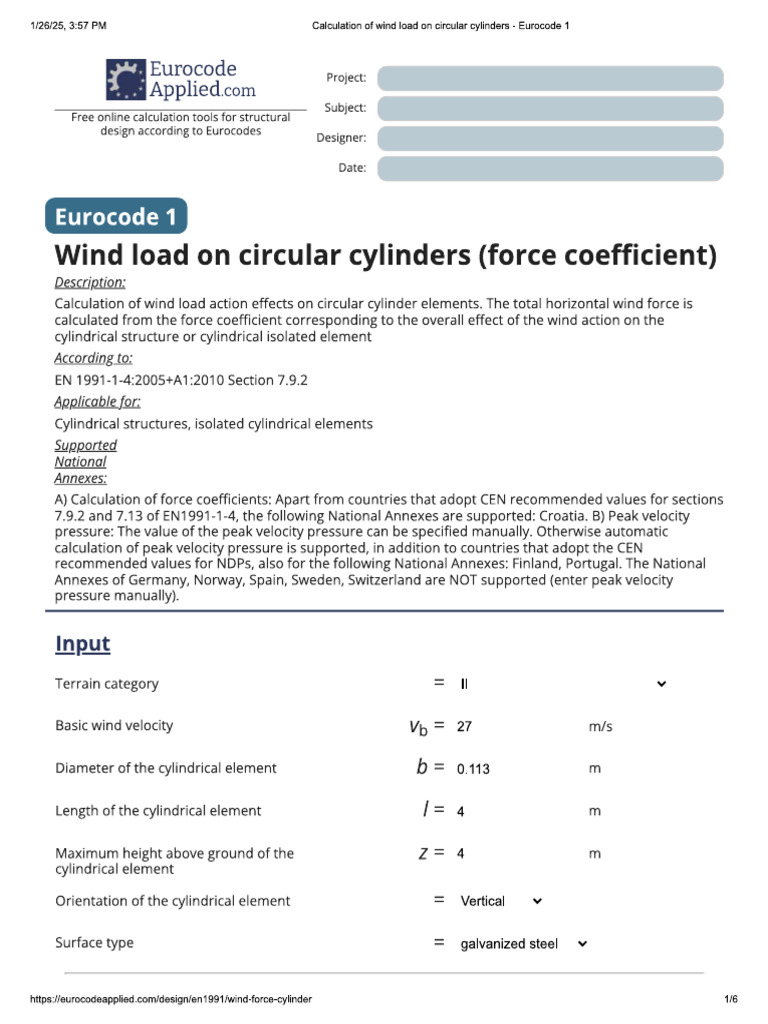 Calculation of Wind Load On Circular Cylinders - Eurocode 1 | PDF