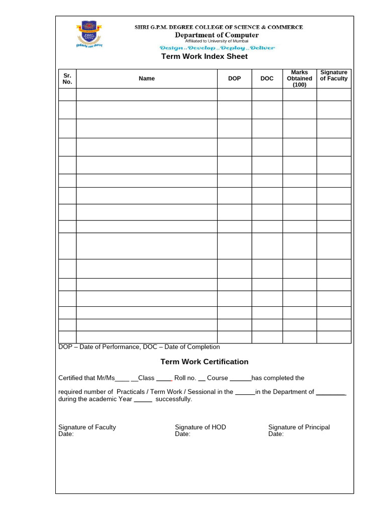 Term Work Index Sheet Template | PDF