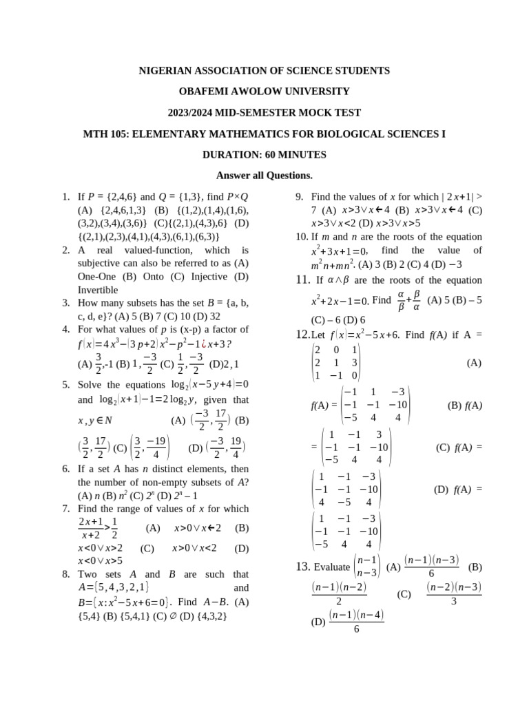 MTH 105 Mock Exam Questions 2023 | PDF | Mathematical Physics | Linear ...
