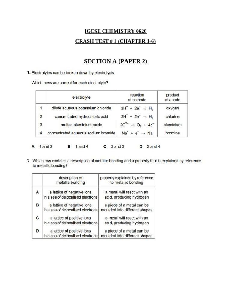 Igcse Chemistry 0620 Test 1 Pdf