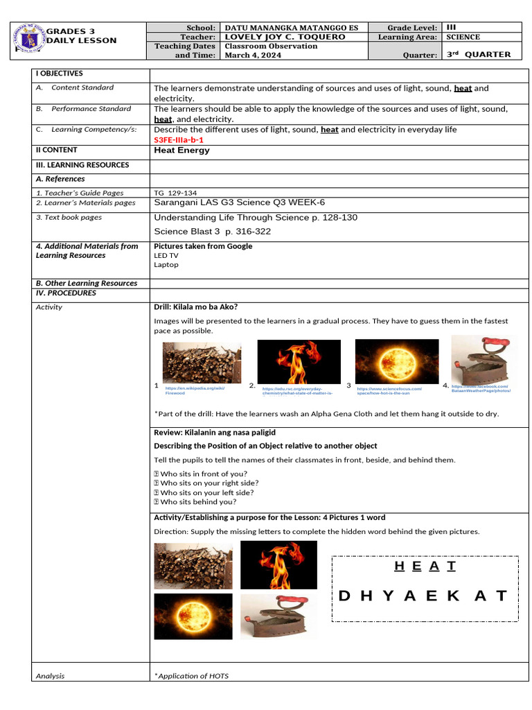 Science 3 COT 3rd Quarter | PDF | Learning | Heat