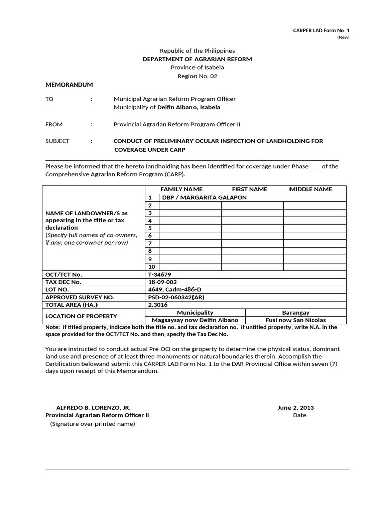 CARPER LAD Form No. 1 | PDF