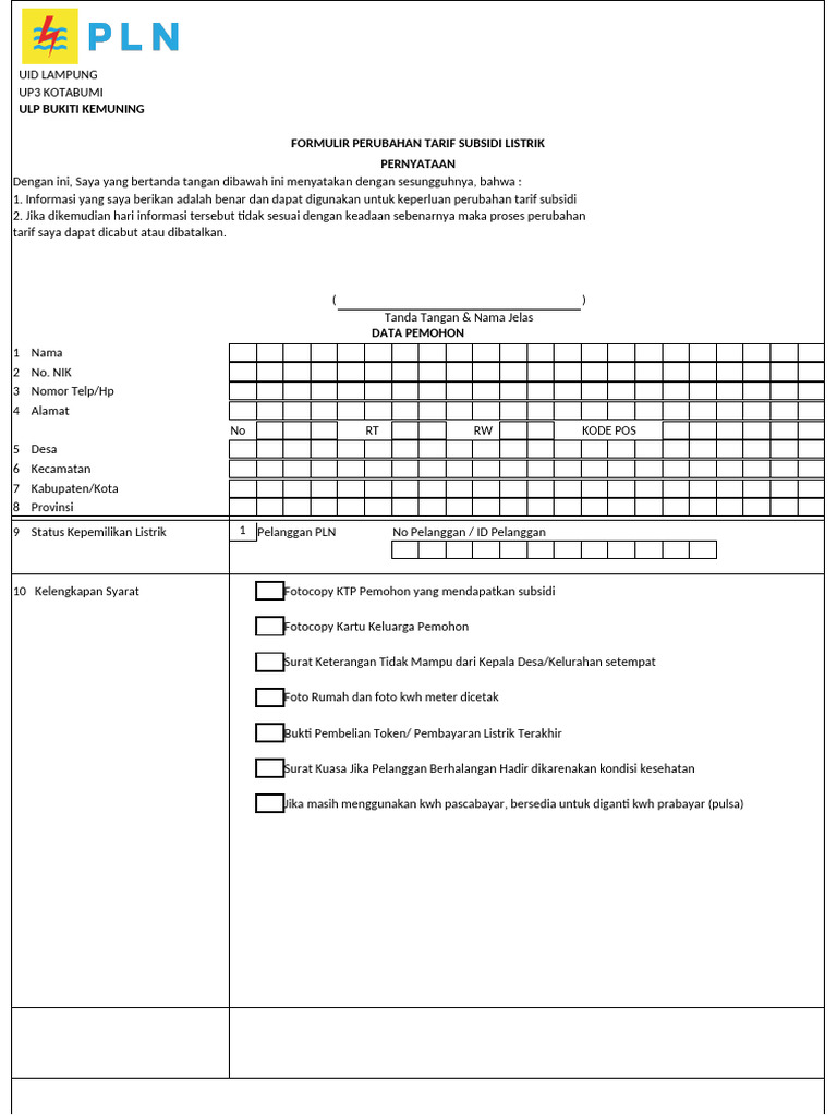 Formulir Perubahan Tarif Subsidi | PDF