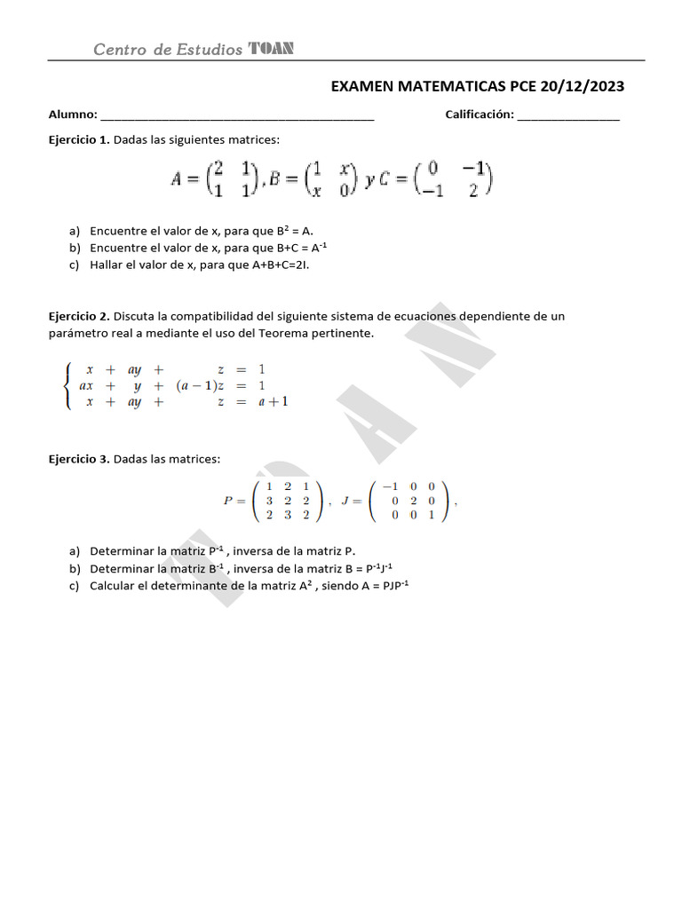 Examen Matemáticas PCE 20/12/2023 | PDF