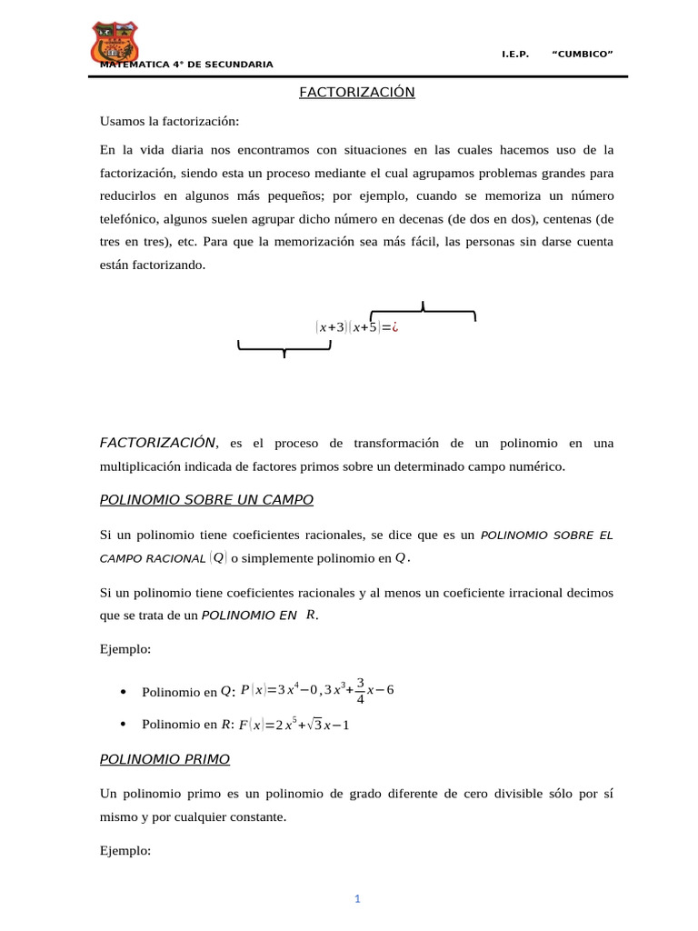 FACTORIZACIÓN Algebra | PDF | Factorización | Aritmética