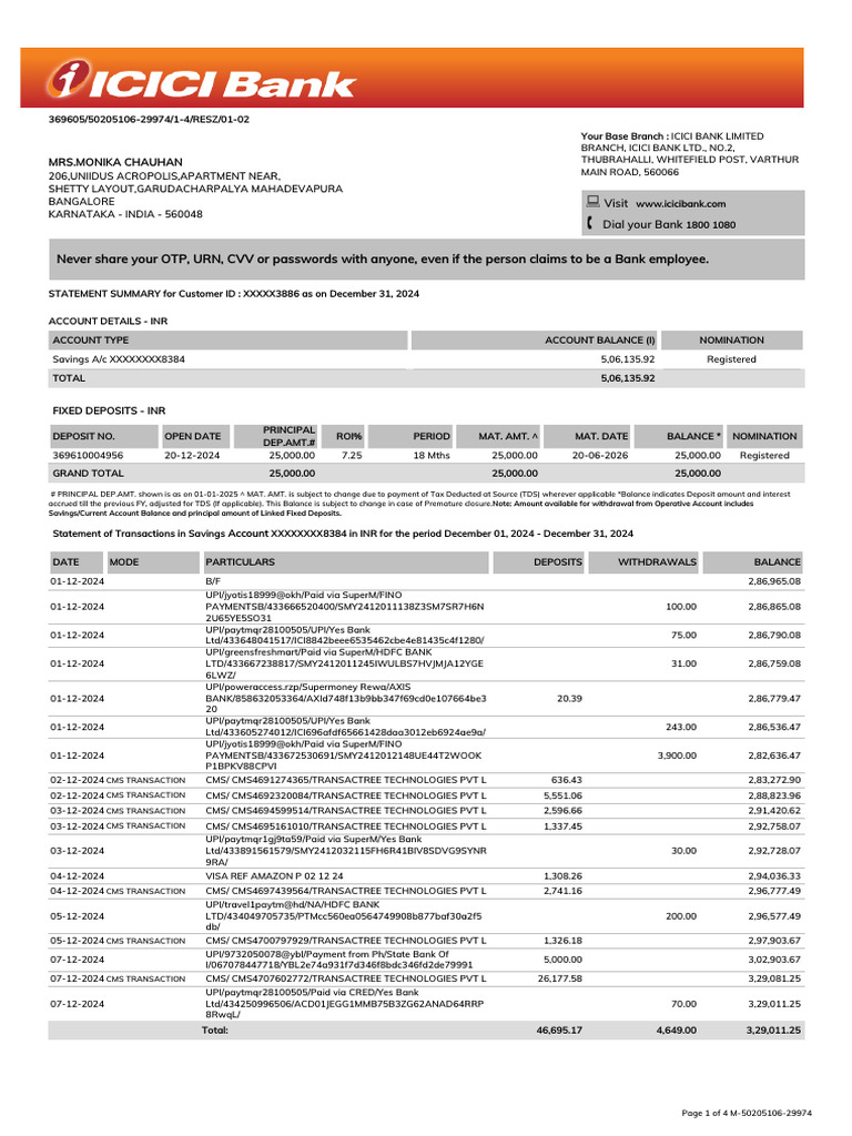 December 2024 Bank Statement Summary | PDF | Debit Card | Banks