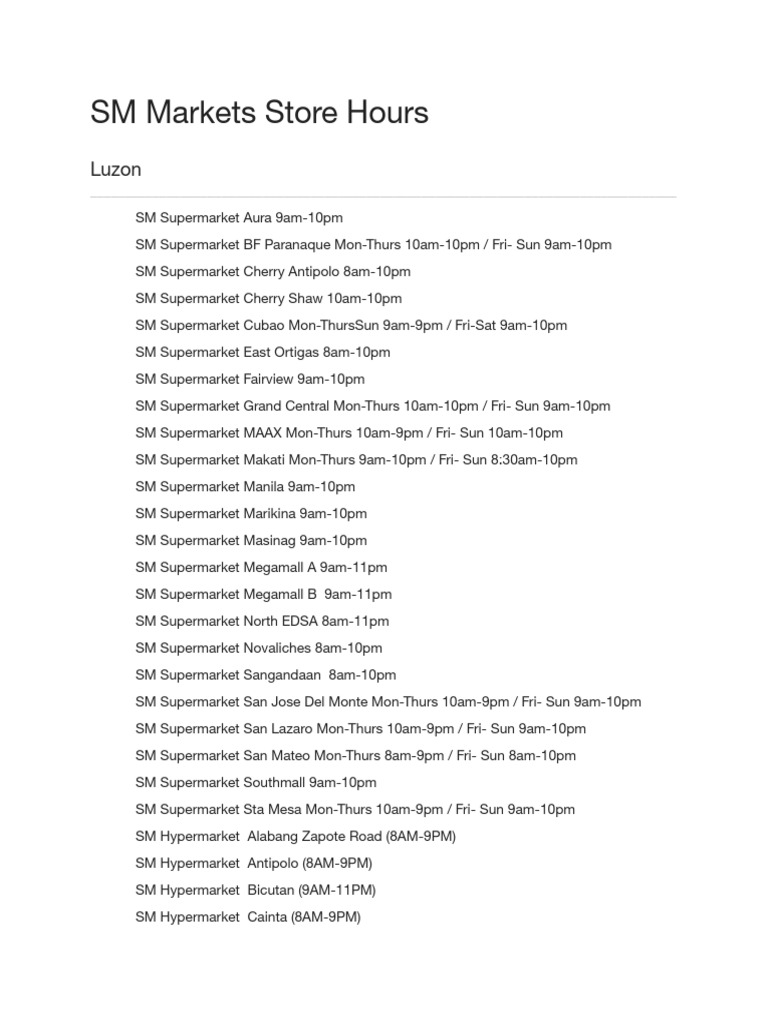SM STORE HOURS | PDF | Retailing