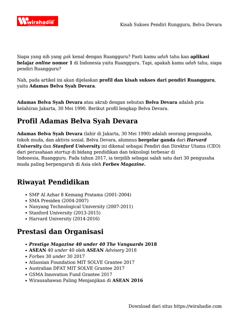 Kisah Sukses Belva Devara, Pendiri Ruangguru | PDF